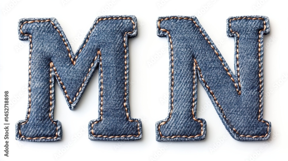 M-N Realistic sewn denim fabric letters M N isolated on white ...