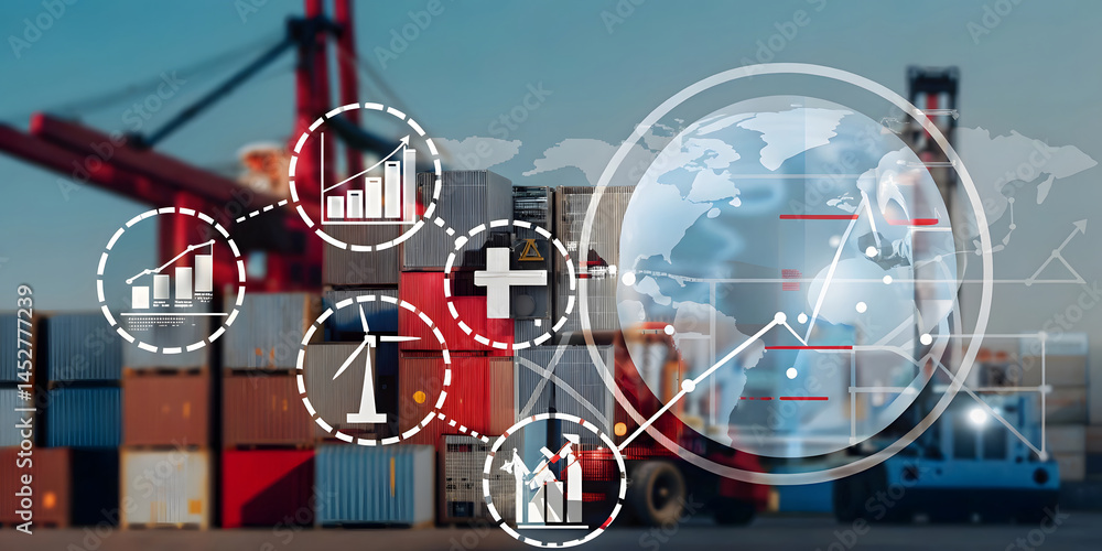 Import tariffs increase concept with digital symbols of trade, tax, and ...