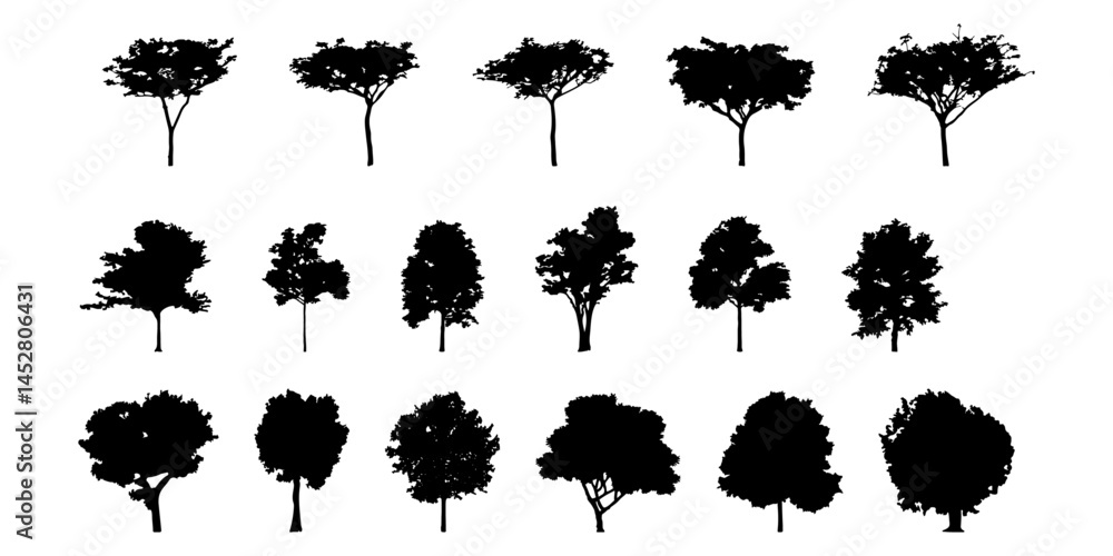 silhouette tree line drawing set, Side view, set of graphics trees ...