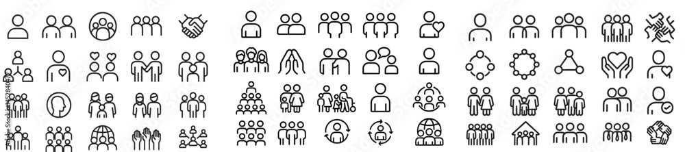 Collection of simple line icons representing various social ...