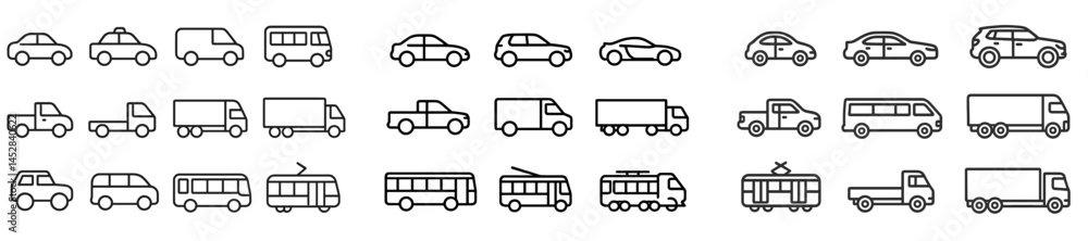Line art illustrations of various types of vehicles including cars ...