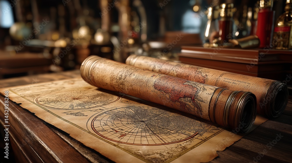 Vintage Exploration: A close-up captures the allure of aged maps and ...