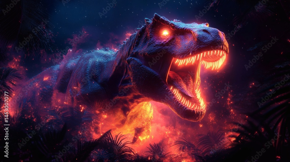 Ilustración de Stock Fearsome Tyrannosaurus Rex with glowing eyes amid ...