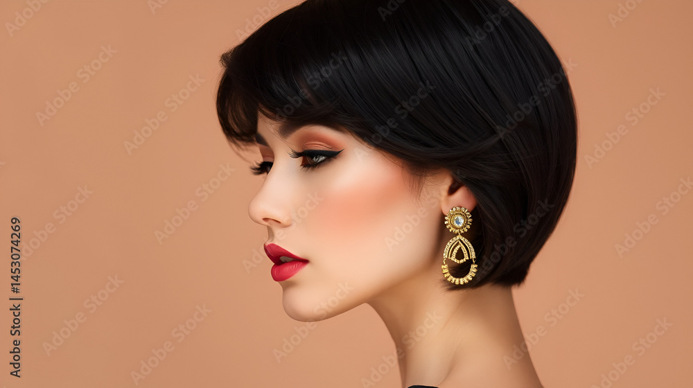 Foto de Stock Beautiful Woman Profile Portrait with Golden Earring Bob ...