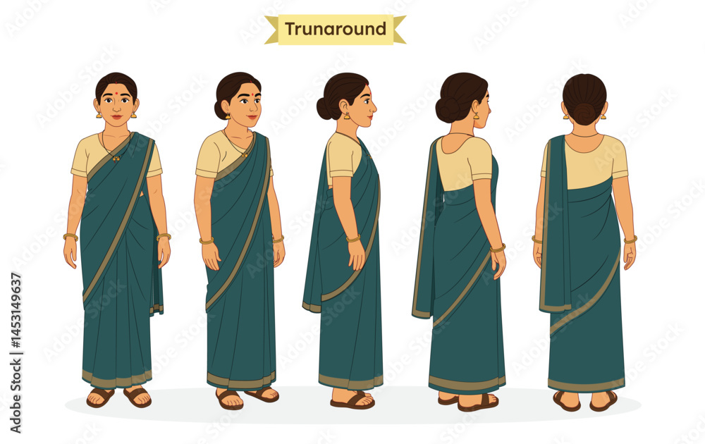Indian Woman Turnaround Sheet – Front, Side, ⅓ front view, ⅓ back view ...