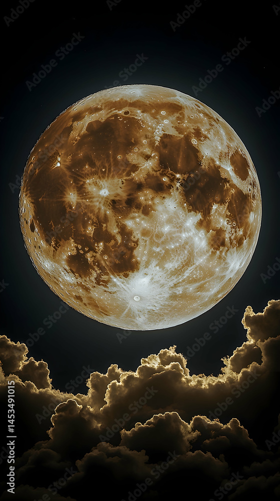 Golden hue full moon dominates the night sky partially obscured by dark ...
