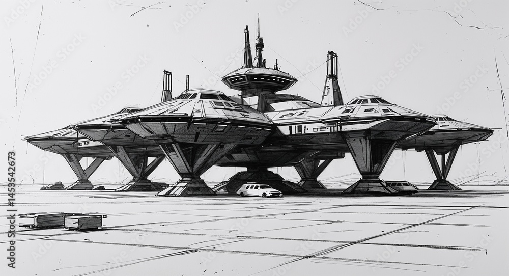 Spaceport with starships docked at futuristic platforms design in ...