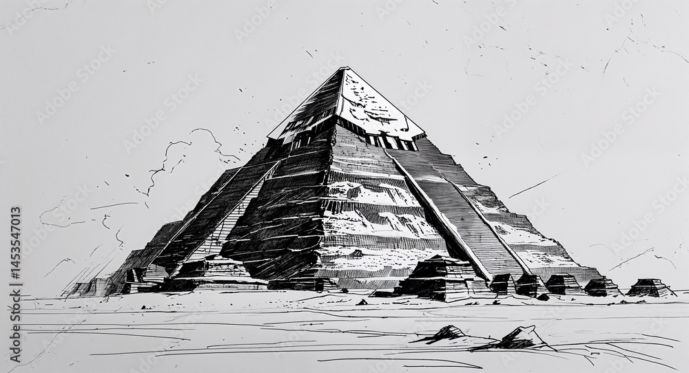 Desert pyramid building design in sketch hand drawing black and white ...
