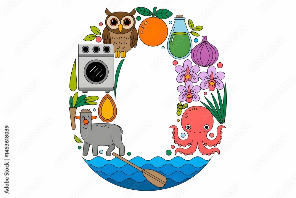 Colorful letter O illustration with owl, octopus, orange, oil, oven ...