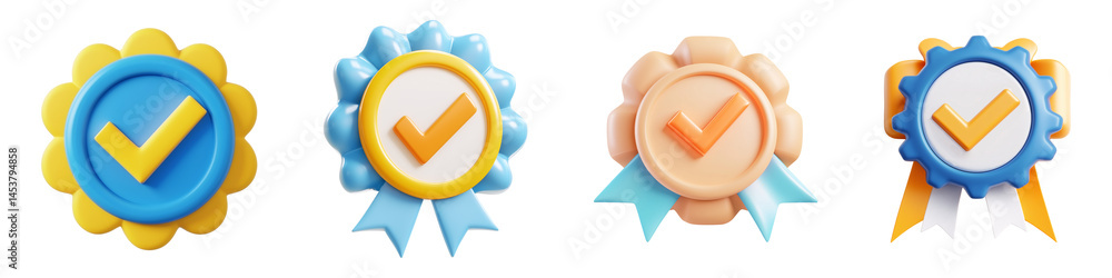 Four colorful validation badges display check marks and ribbons ...