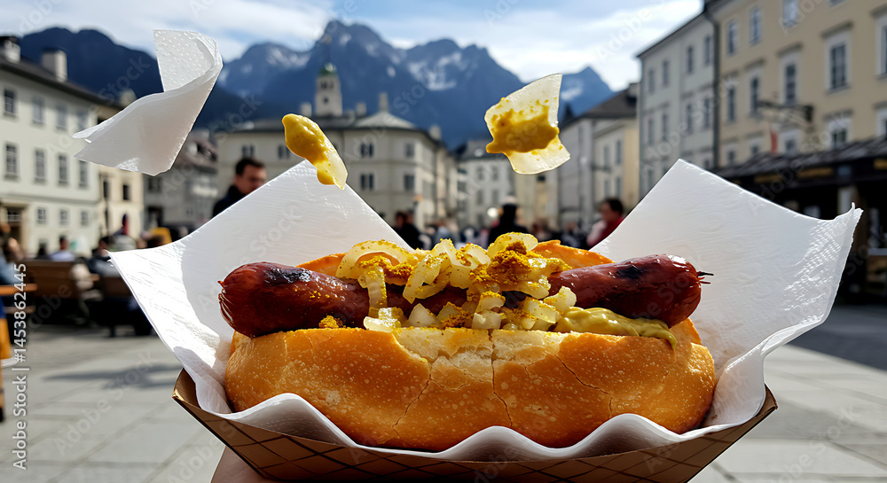 Austrian bosna, grilled sausage in crusty roll with onions, curry ...
