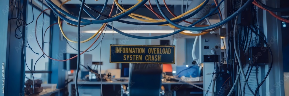 Tangled web of fiber optic cables with warning signs – Representing ...