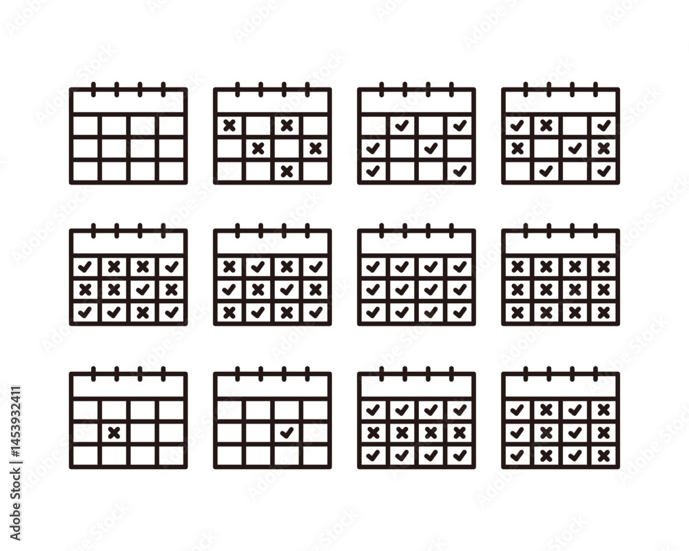 Calendar with tick check mark and cross mark icon collection. Business ...