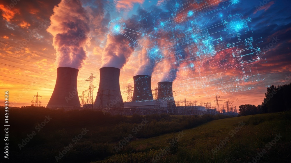 Blueprint overlay on a photo of a power station exterior showing ...