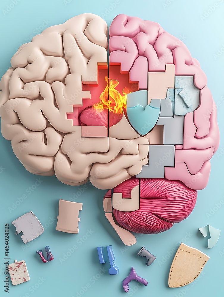 Doodle-style brain with scars, shields, and flames inside, symbolizing ...