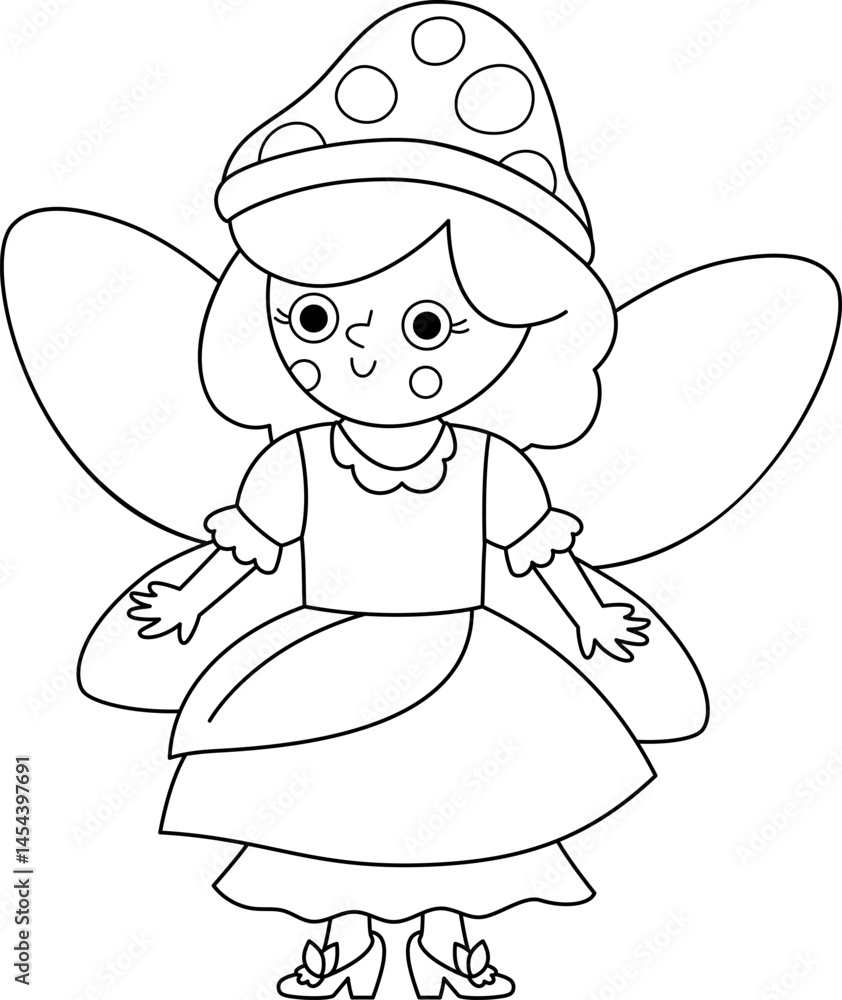 Vector black and white mushroom fairy icon. Cute little girl with wings ...