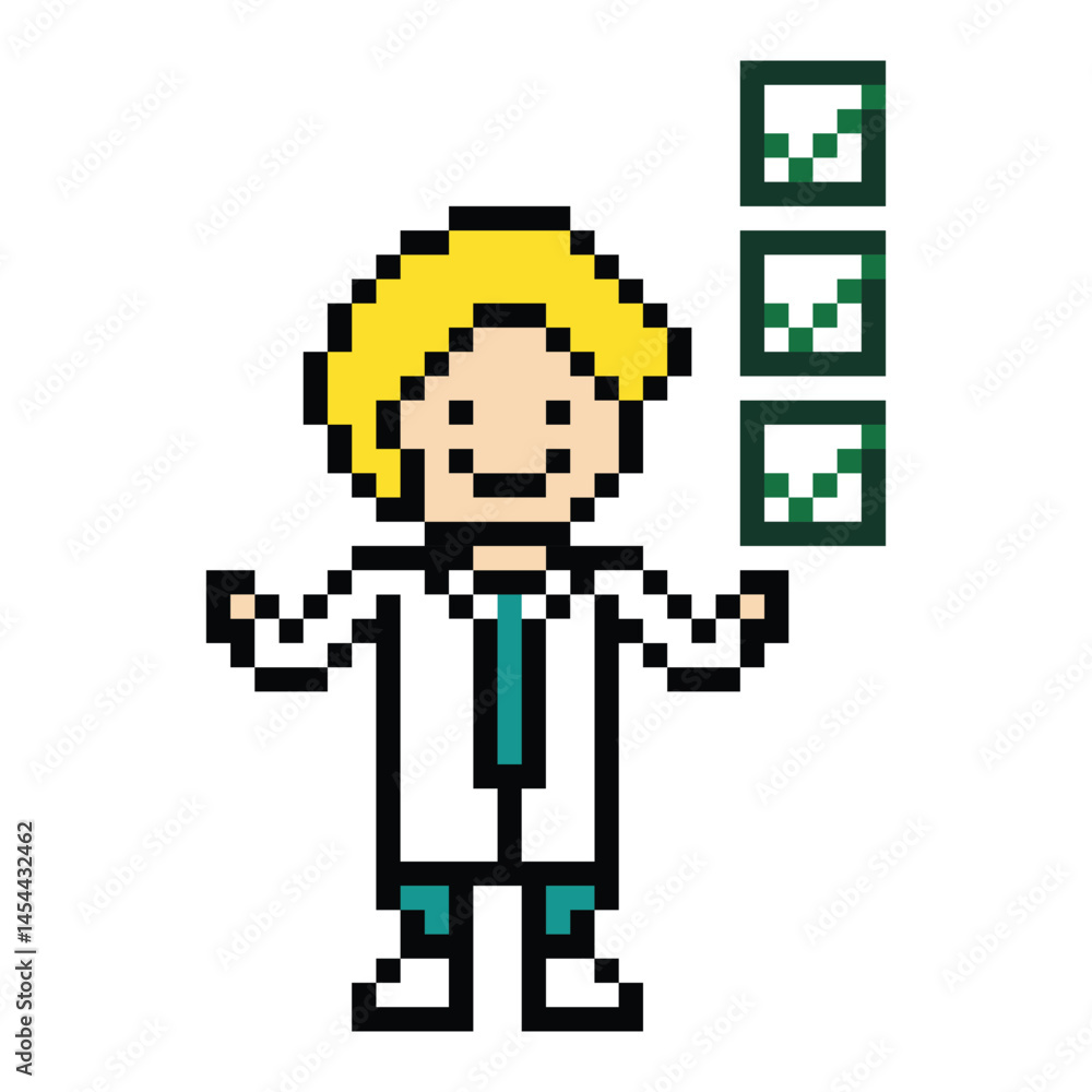 Cute pixel cartoon 8bit character man doctor or scientist game care ...