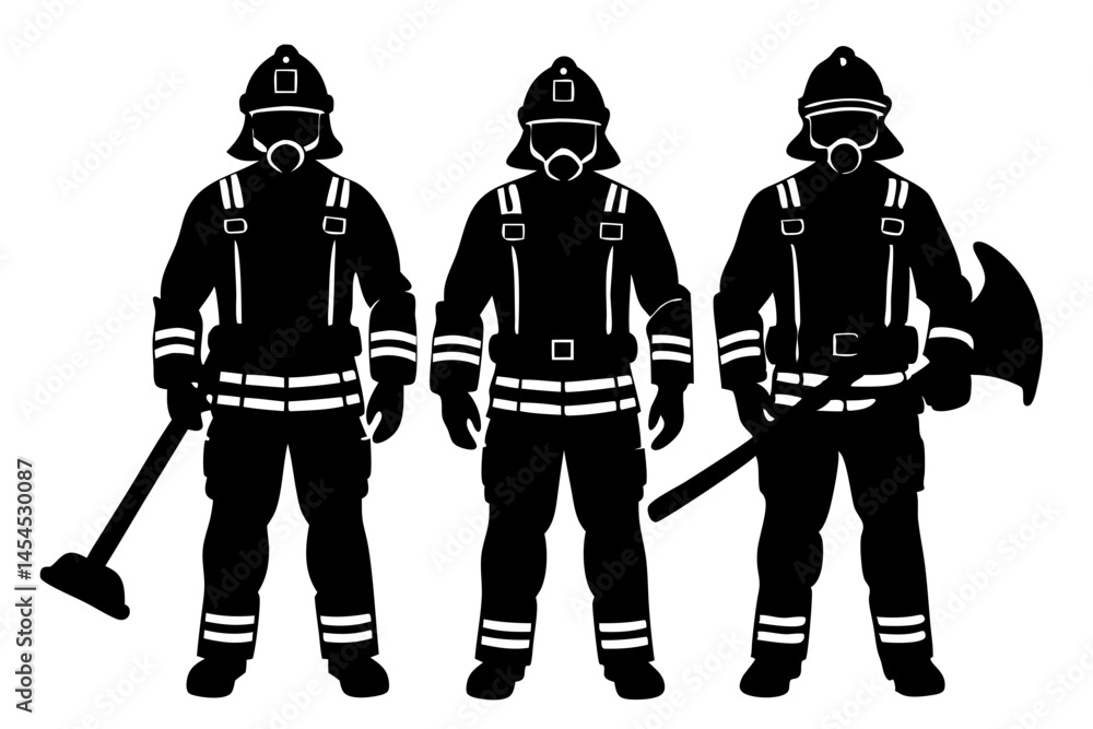 Silhouette of three firefighters standing together with transparency ...