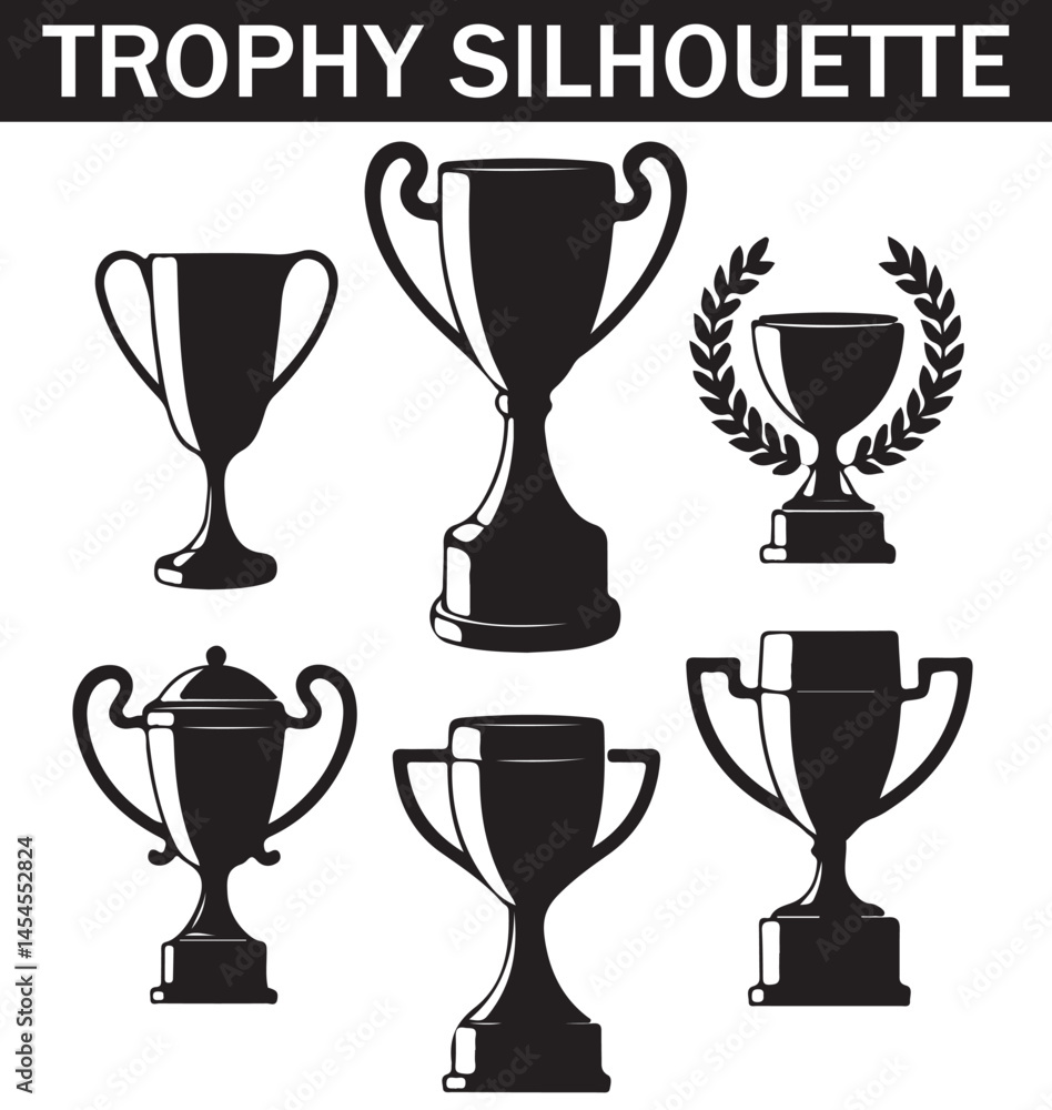 Collection of various black silhouette trophy icons depicting different ...