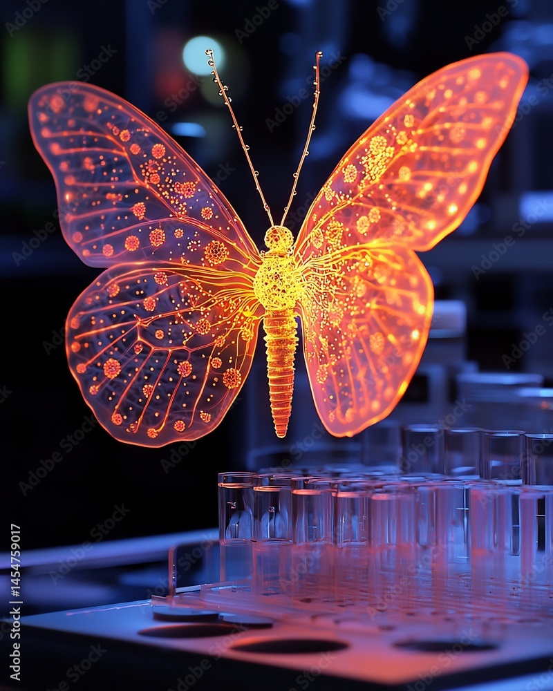 Biomechanical butterfly with wings covered in microscopic cell patterns ...