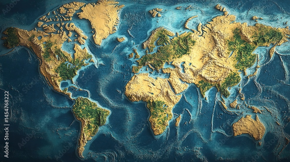 Ilustração A highly detailed 3D-rendered physical world map showing ...