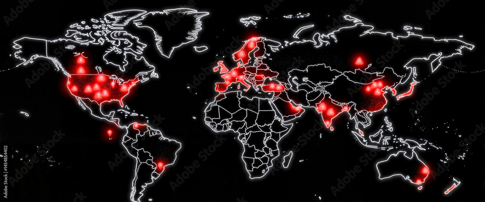 World map highlighting conflict zones with red icons, global awareness ...