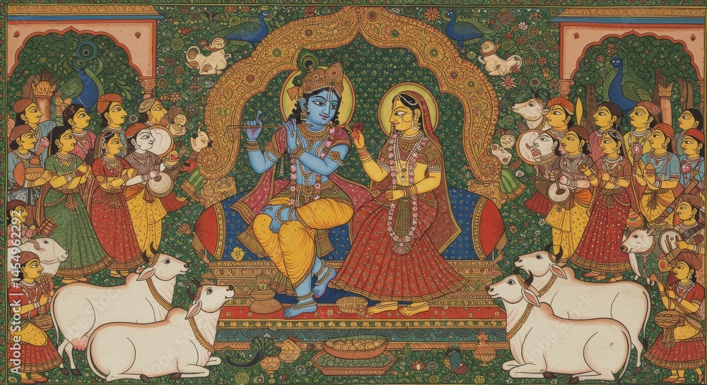 Intricate ancient Indian painting depicting Krishna, Radha, and their ...