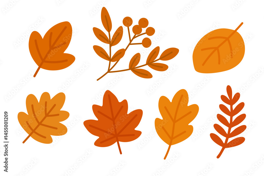 Bright and simple autumn leaves in warm colors. Flat cartoon foliage ...