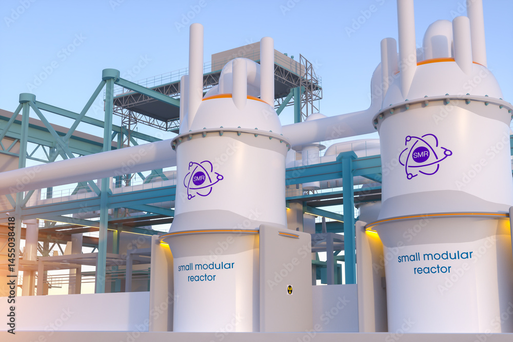 concept of a SMR small modular nuclear reactor power plant on a sunny ...