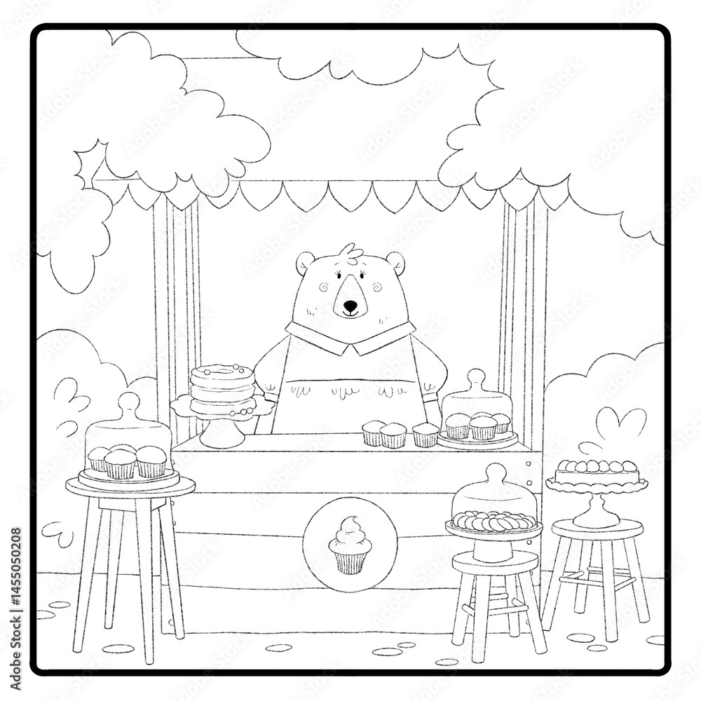 Adorable black and white flea market coloring page featuring bears as ...