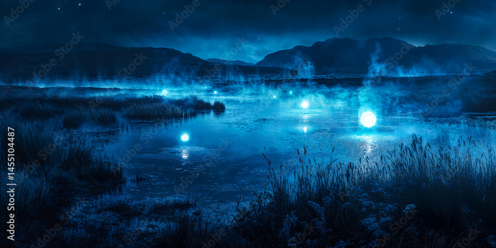 Glowing will-o-the-wisps over a bog in Ireland, night, wide banner ...