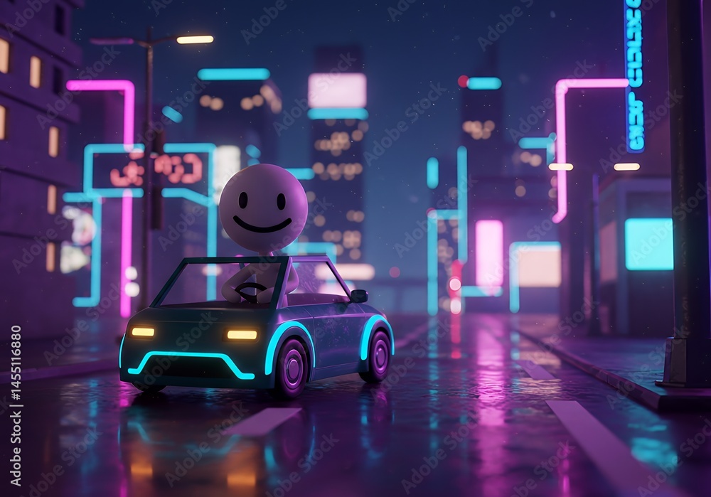 Ilustrace Pixel Art Car with Smiley Face Character Driving through Neon ...
