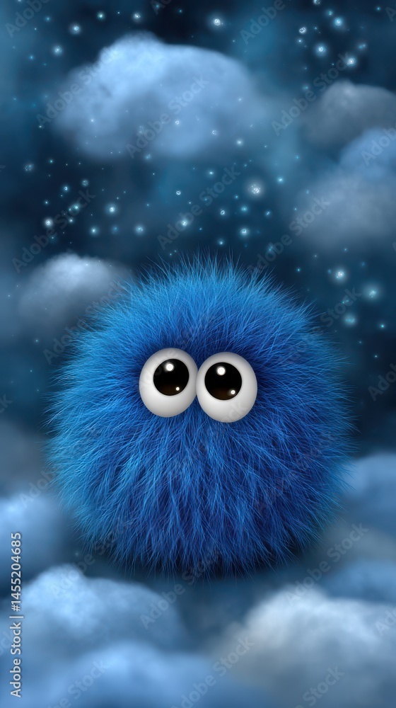 Whimsical blue furry creature with googly eyes floating through cloudy ...