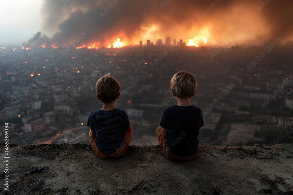 Children amidst chaos - burning city, apocalyptic backdrop, destruction ...