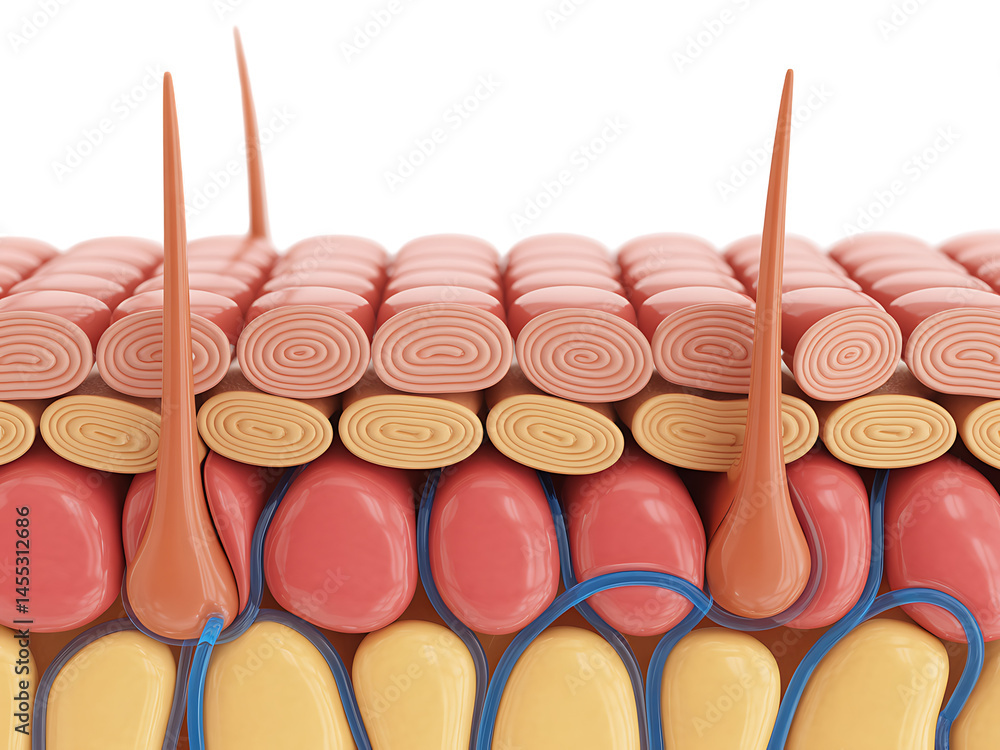 Detailed 3d illustration of human skin layers showing hair follicles ...