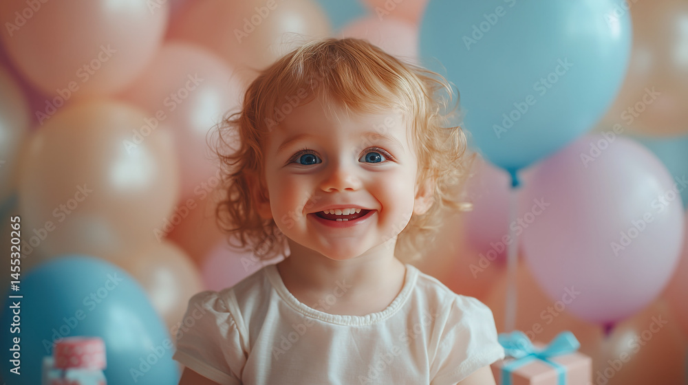 happy child surrounded by balloons and presents in soft pastel colors ...