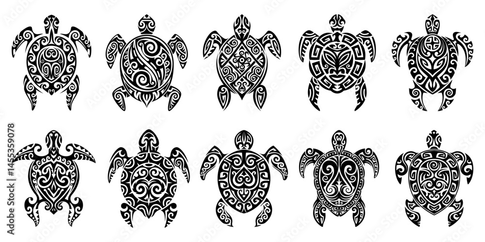 Tribal sea turtle animal Maori tattoo. Isolated vector set of black ...