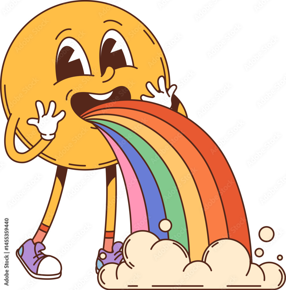 Vector de Stock Cartoon retro groovy emoji smile vomiting rainbow with ...