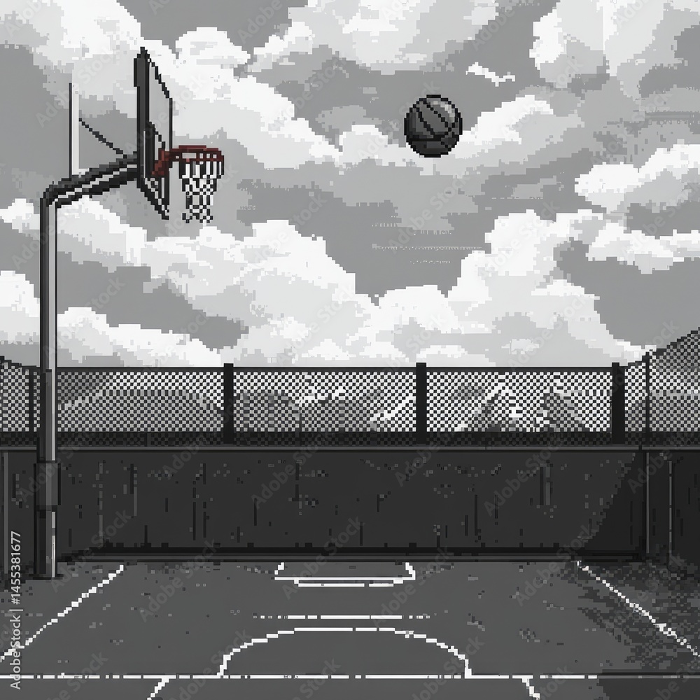 Pixel art of a basketball court under a cloudy sky. A basketball is in ...