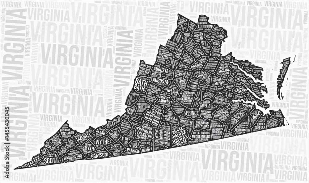 Vektor Virginia counties map word cloud. Virginia region names. Black ...
