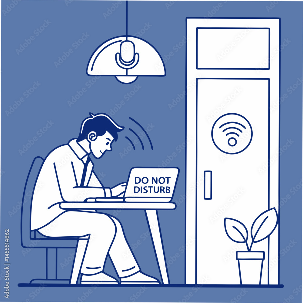 Focused man working with "do not disturb" sign and notification off ...