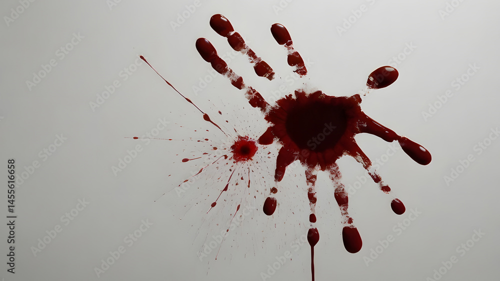 Dramatic red blood handprint with splatter effect and blood spots on a ...