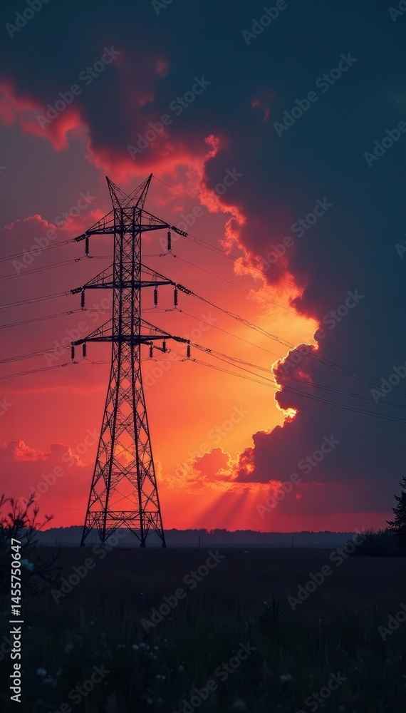 Electricity pylon silhouetted against stormy sky, gas cooker flame ...