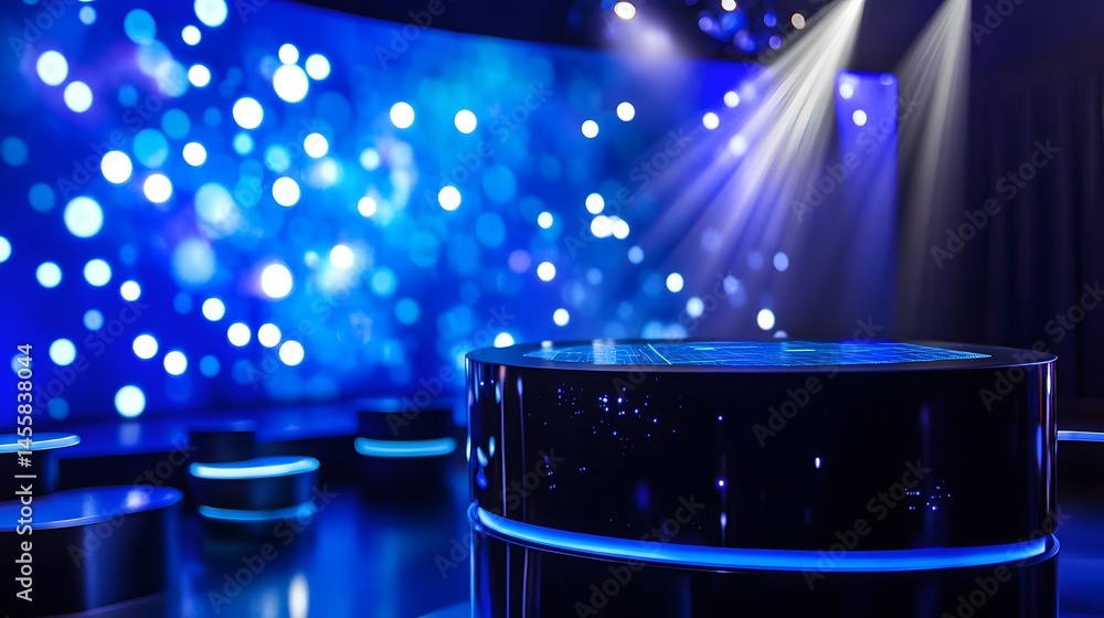 Dynamic stage presentation with glowing circular platforms. Stock Photo ...