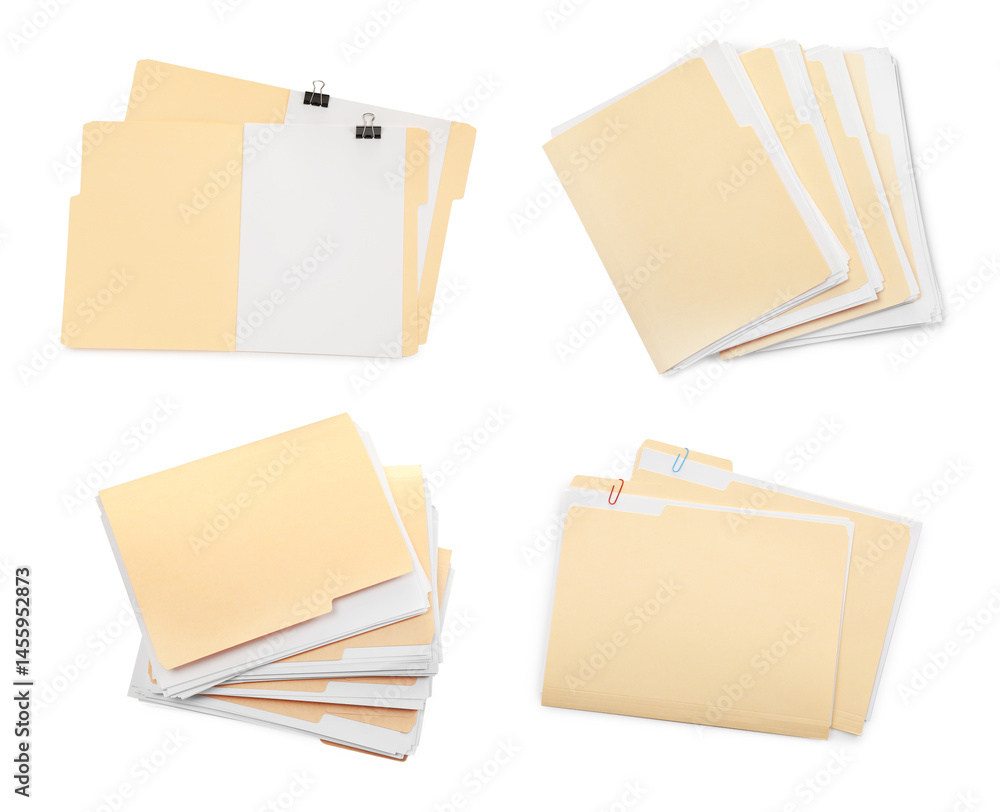 File folders with sheets of paper isolated on white, collage. Top view ...