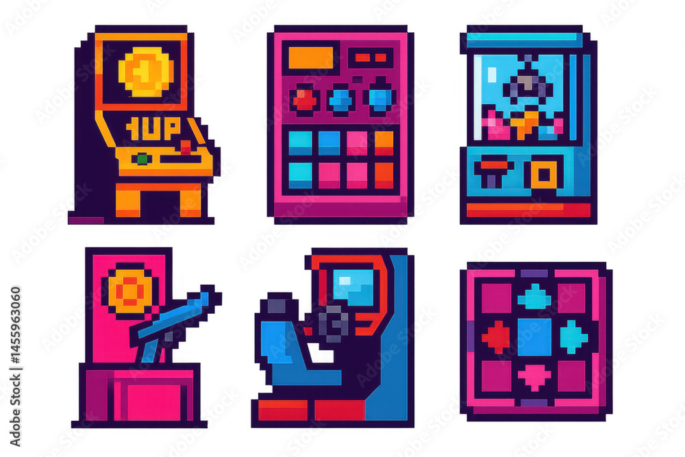 Ilustración de Stock Retro arcade icons in 8-bit pixel art style with ...