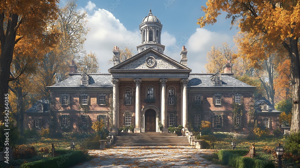 Traditional town hall with arched windows and central cupola high ...