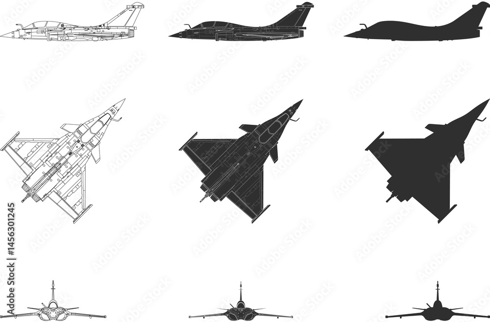 Vector de Stock Multirole fighter jet icon collection line, silhouette ...