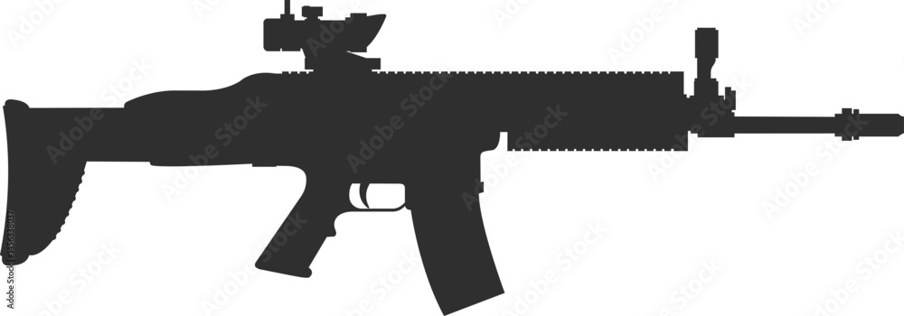 SCAR assault rifle icon silhouette in black color, combat assault rifle ...