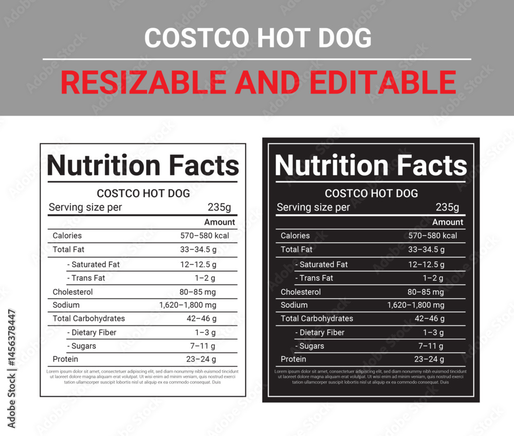 Vector de Stock Costco Hot Dog Nutrition Facts Labels | Adobe Stock